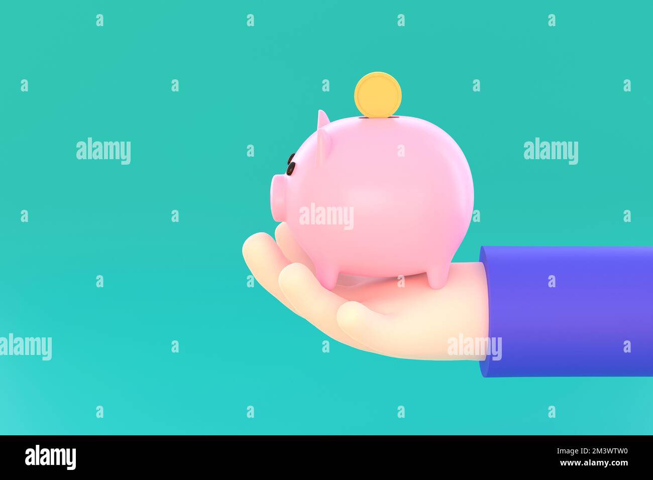 3D. piggy bank on hand and coin drop jars, concept of saving money ...