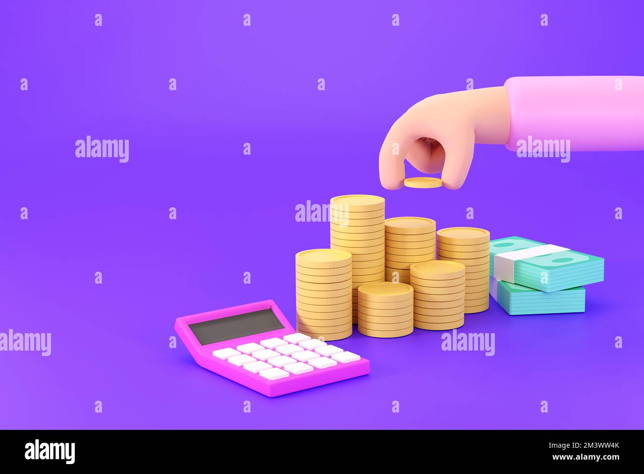 3D. Cartoon hand put coin to money staircase. Making money. For ...