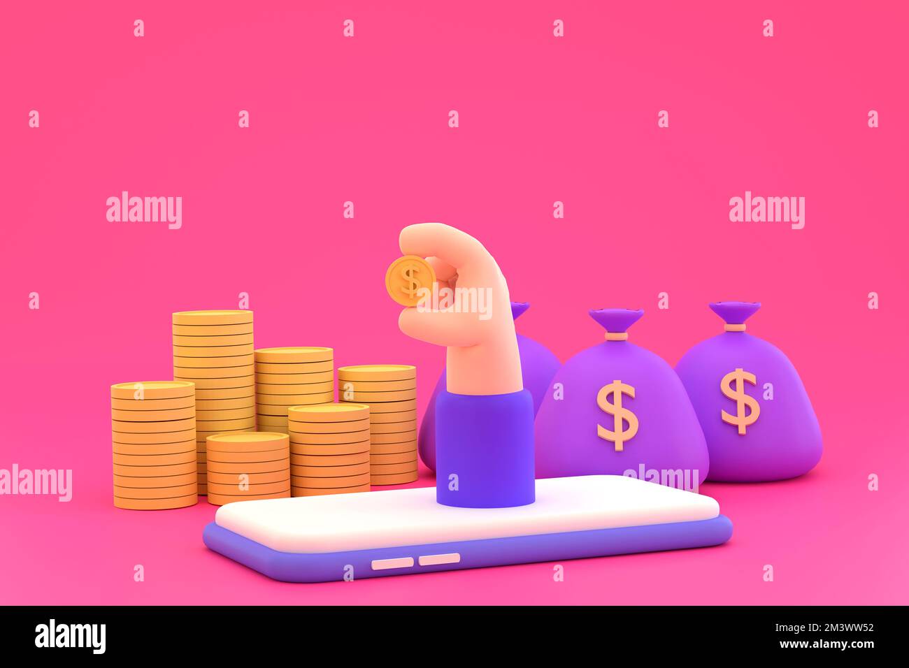 3D. hand holding a coin out of the smartphone. For business and finance ...