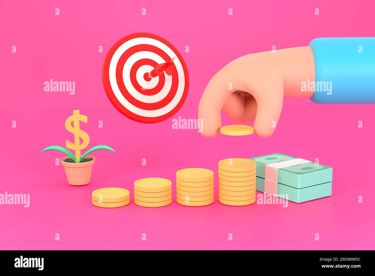 3D. Cartoon hand put coin to money staircase. Making money. For ...