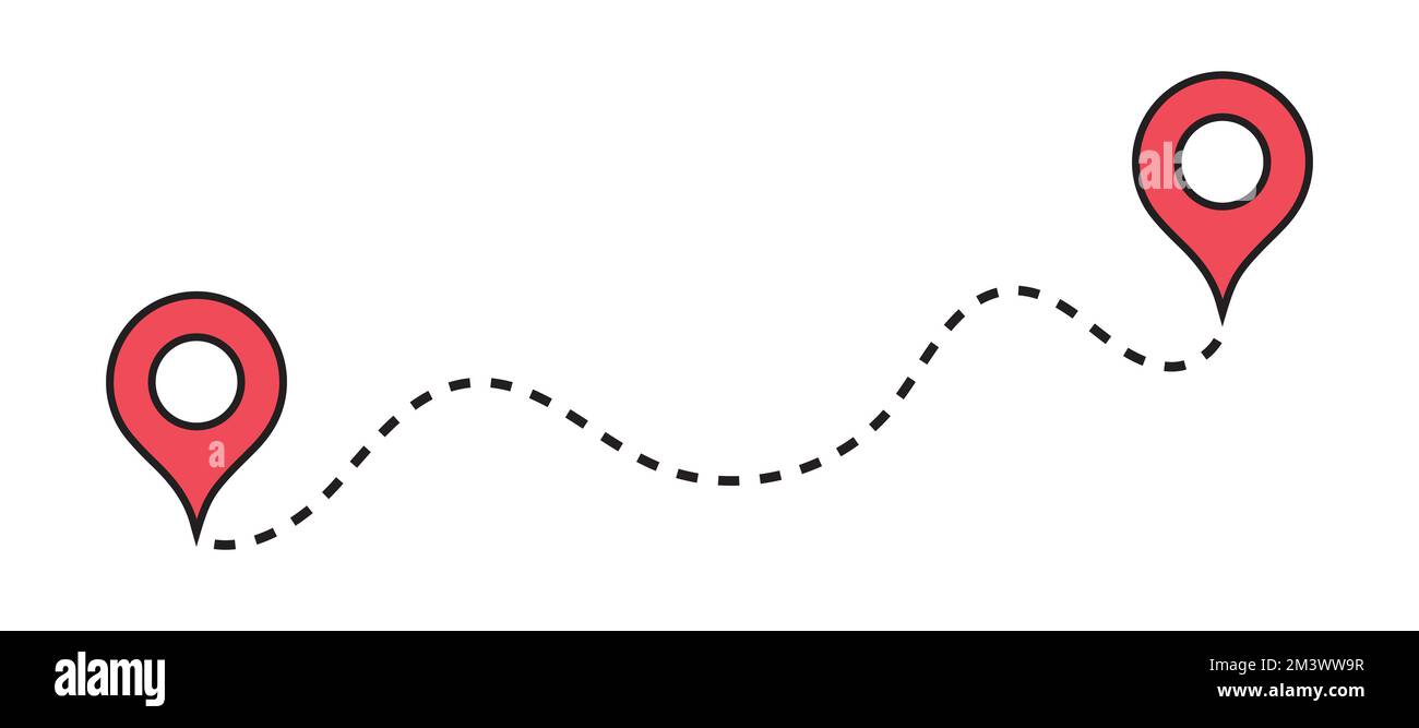Route location icon, two pin signs and dotted road line, path start and end symbol on white ...