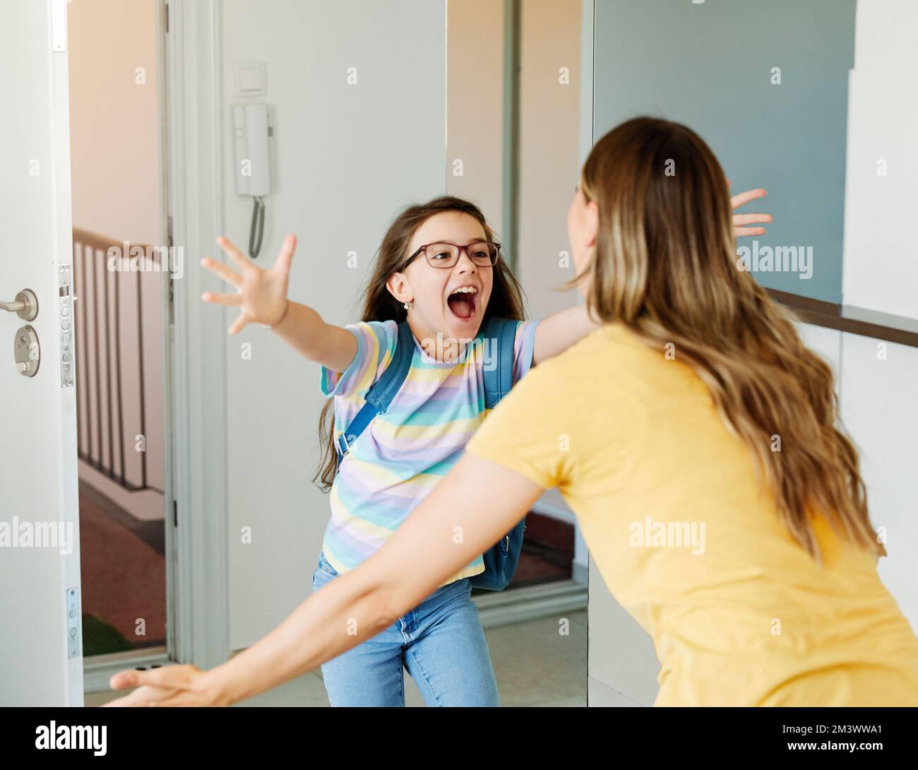 child mother daughter backpack house education school family student ...