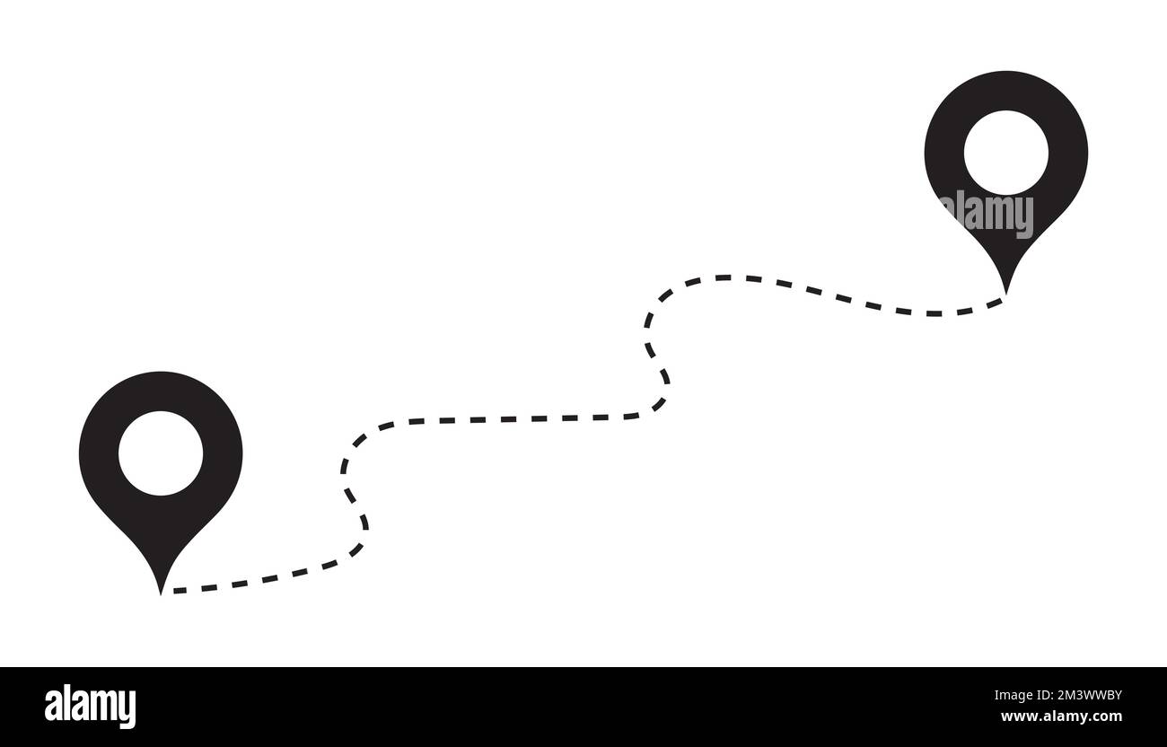 Route location icon, two pin signs and dotted road line, path start and end symbol on white ...