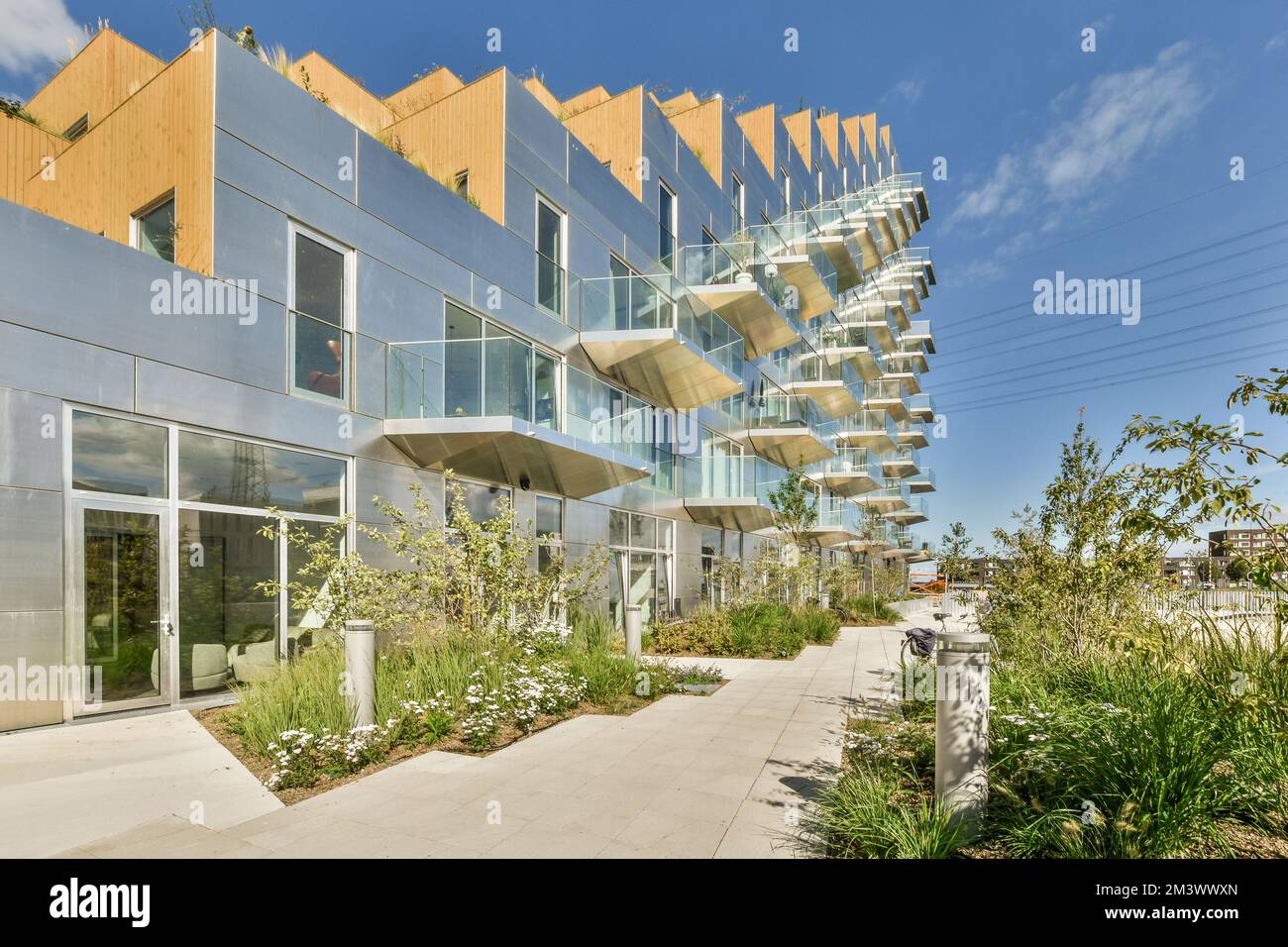 a building with many windows and plants in the foremove area on the ...