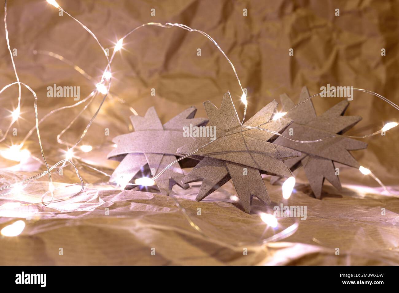 Three cardboard snowflakes handmade from a toilet paper tube on a ...