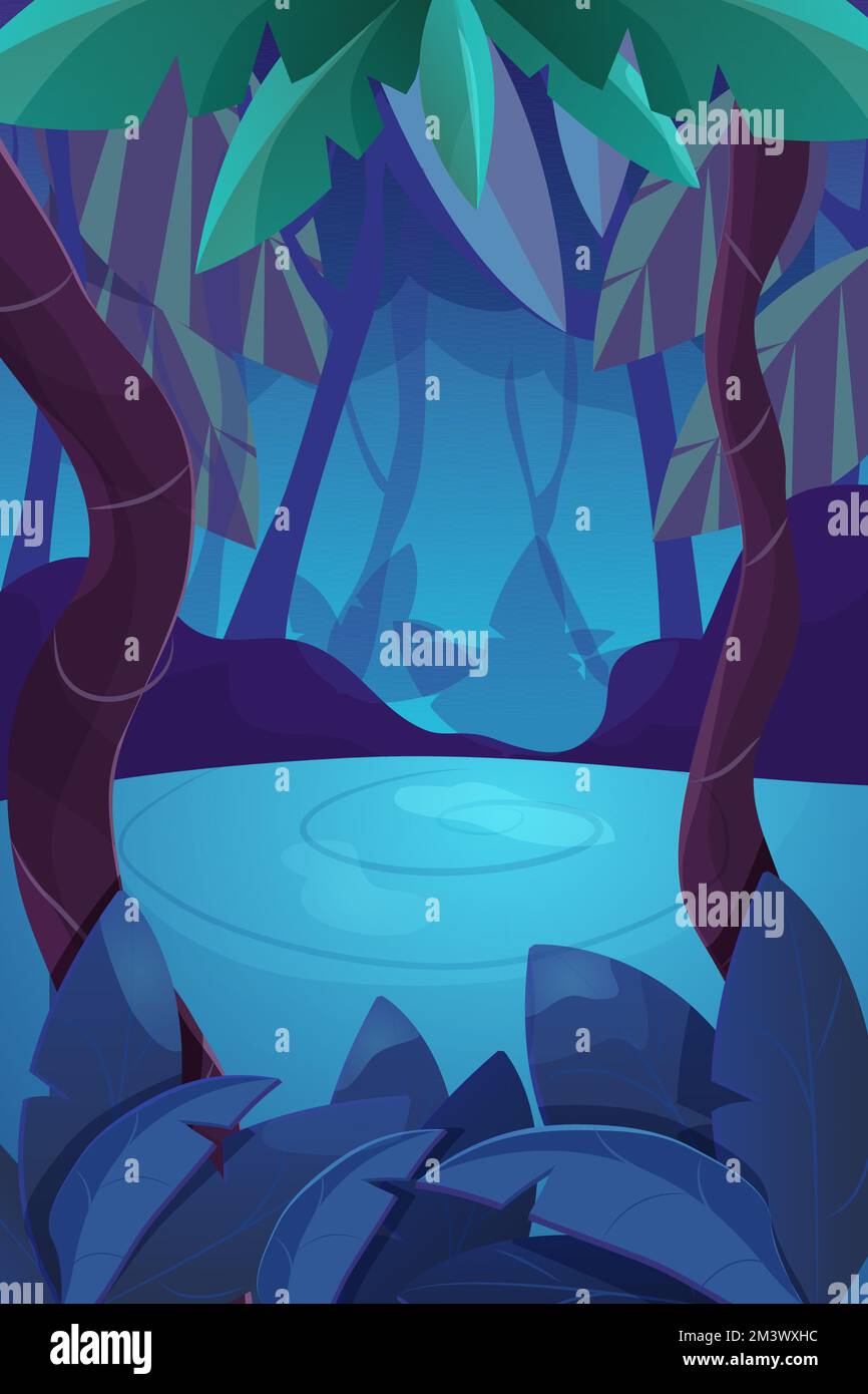 Jungle forest game splash screen, vertical background dark magic night ...