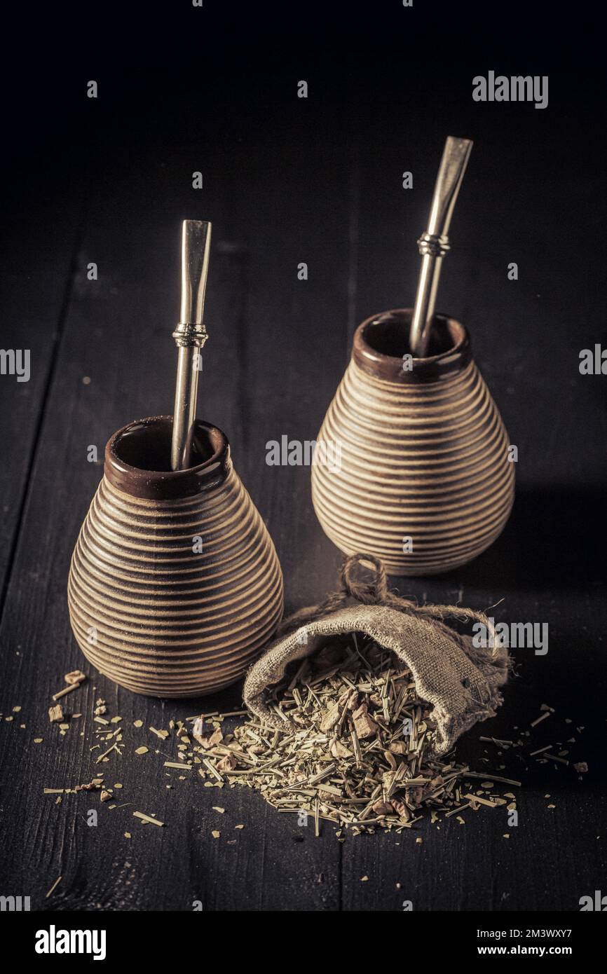 Tasty and energizing yerba mate with bombilla and calabash. Yerba mate ...