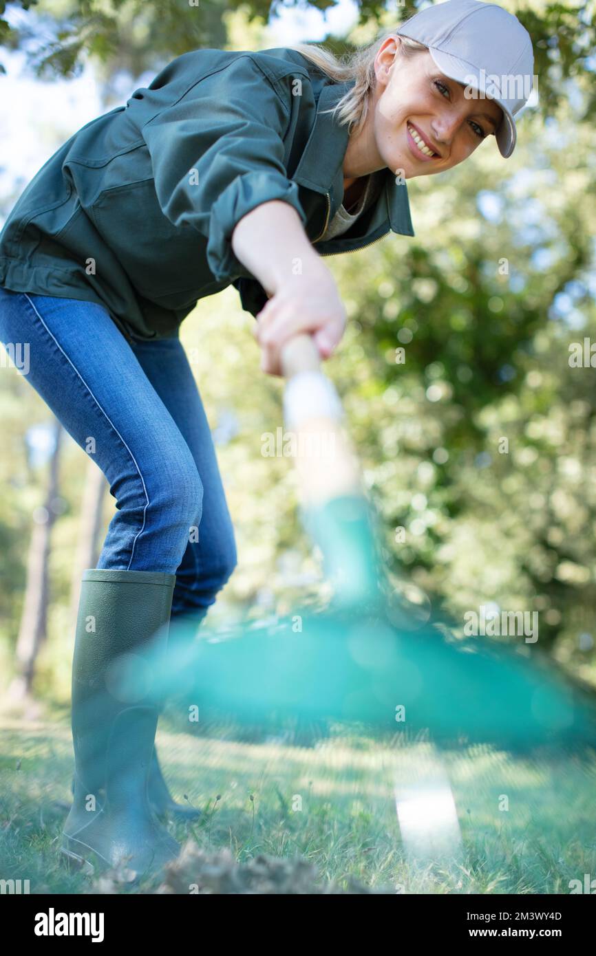 woman raking leaves using rake Stock Photo - Alamy