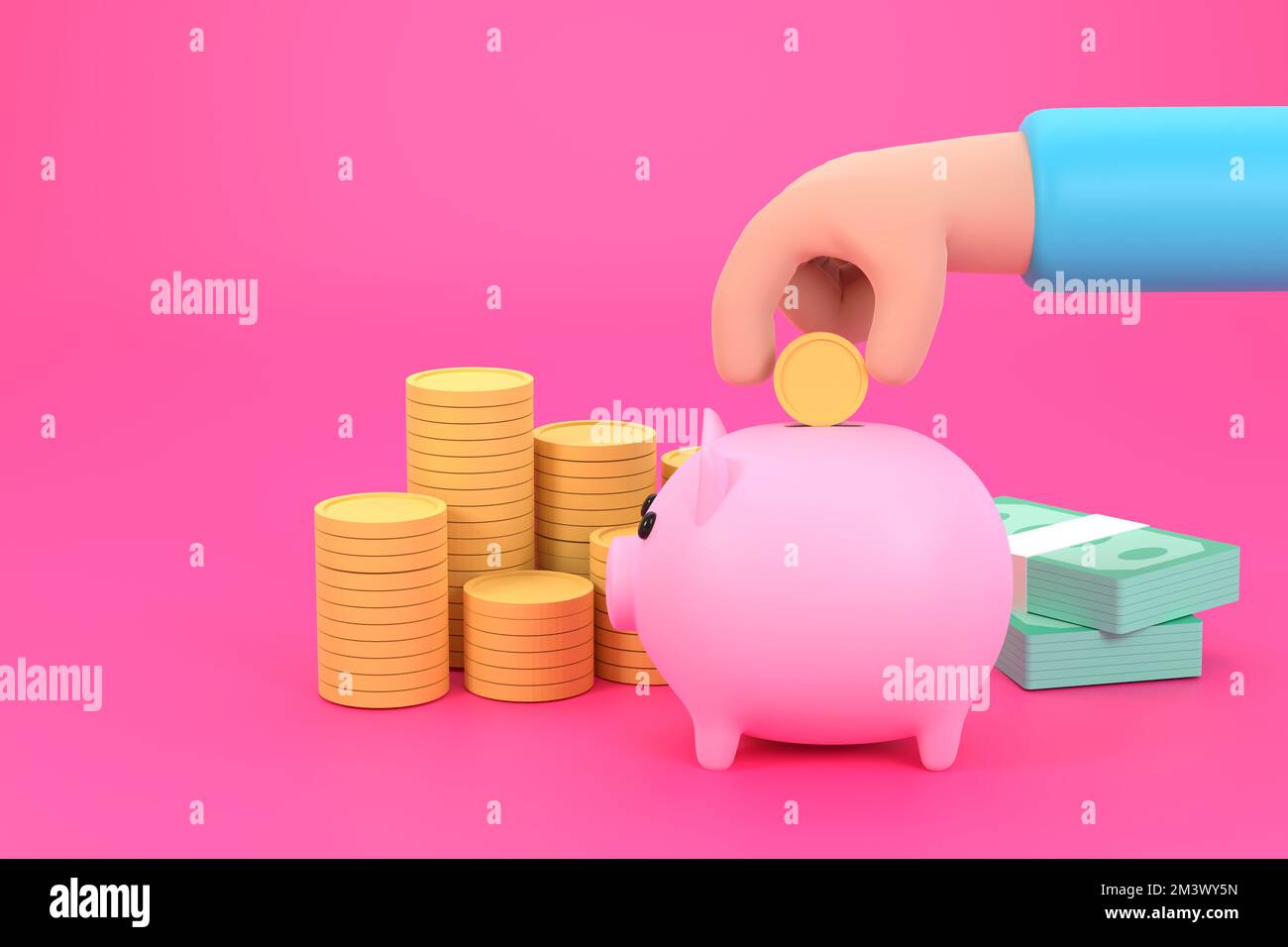 3D. cartoon hand drop piggy bank saving money. Business finance planner ...