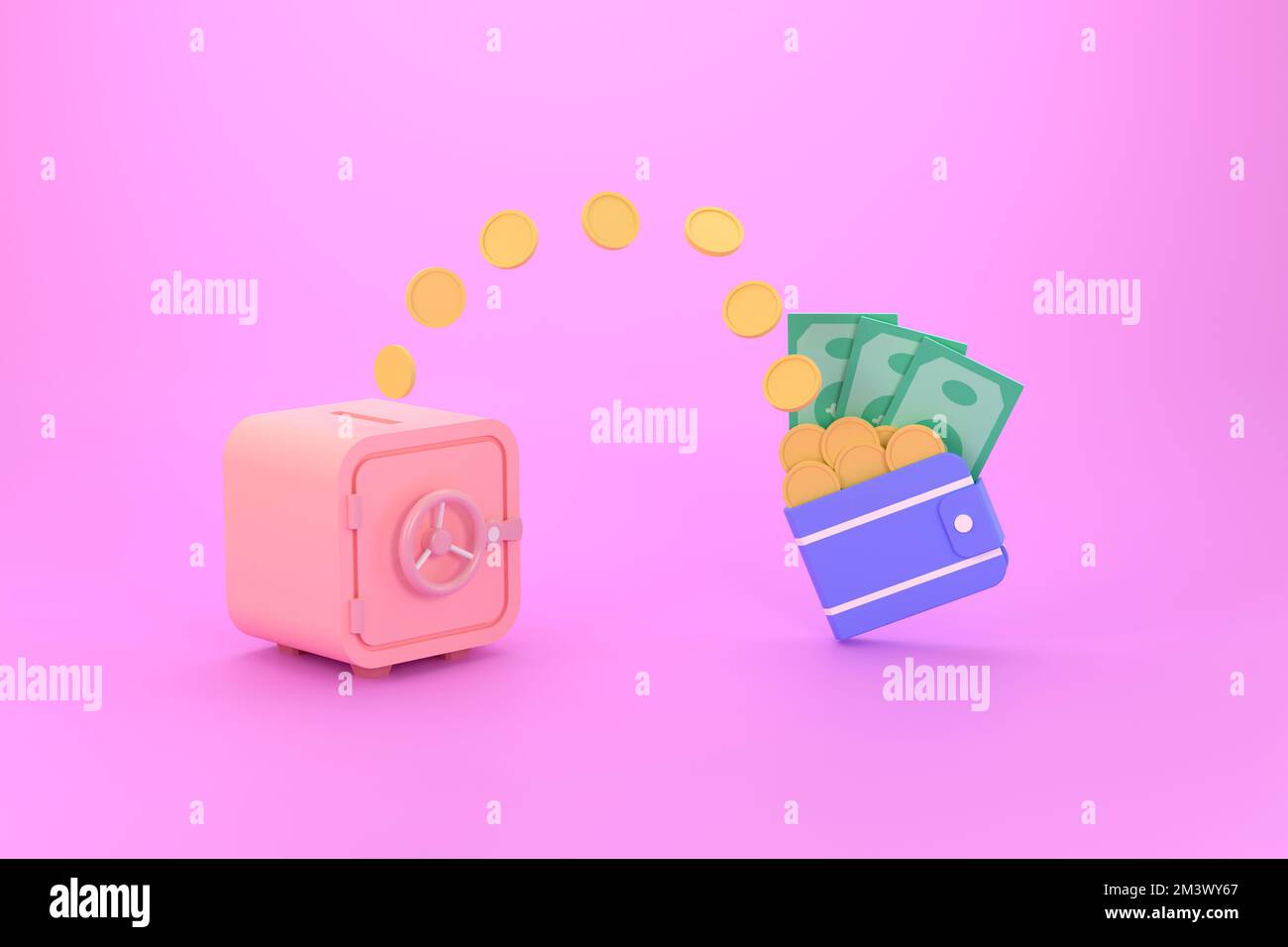 3D. Coins and banknotes and safe. saving concept and spending money ...