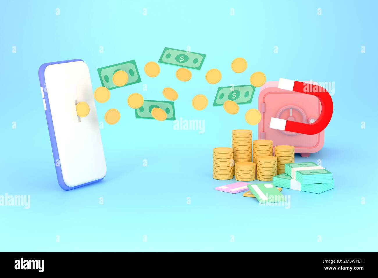 3D. Money magnets, safes and credit cards, financial business concept ...