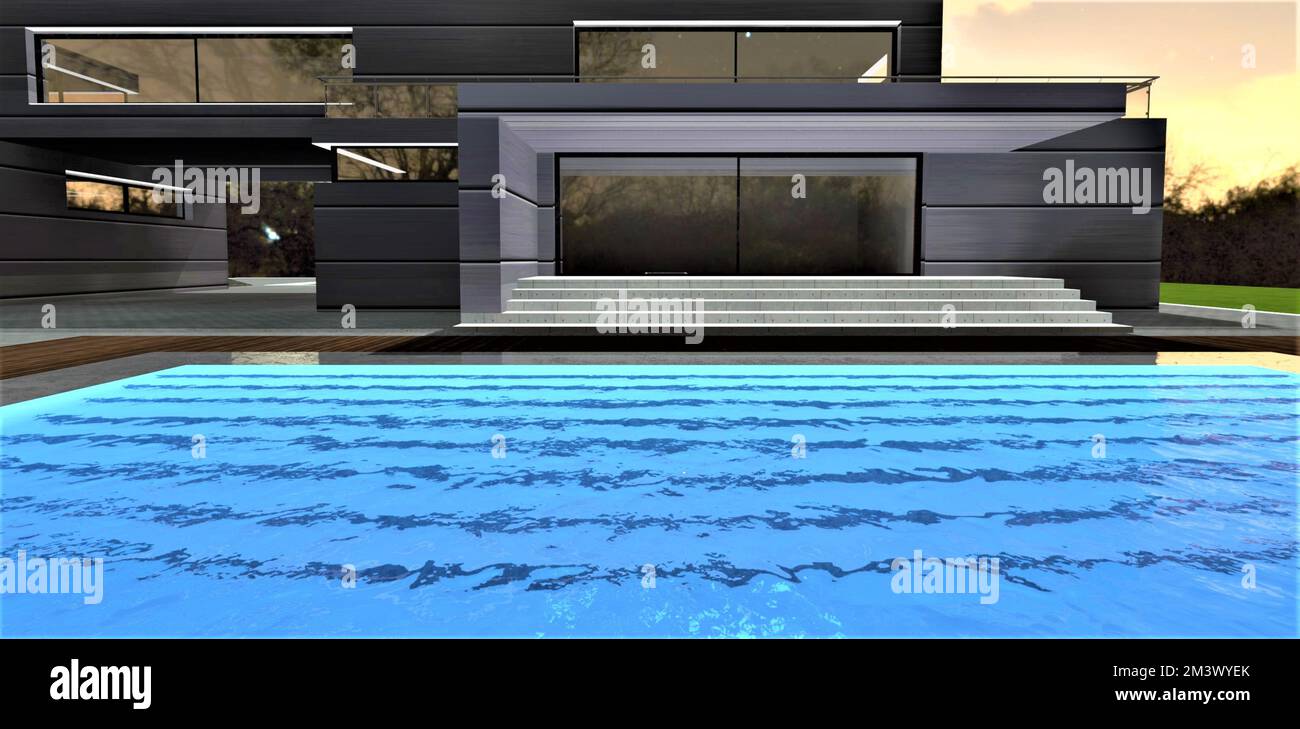 Stunning glowing waves on the pool surface in the yard of the ...