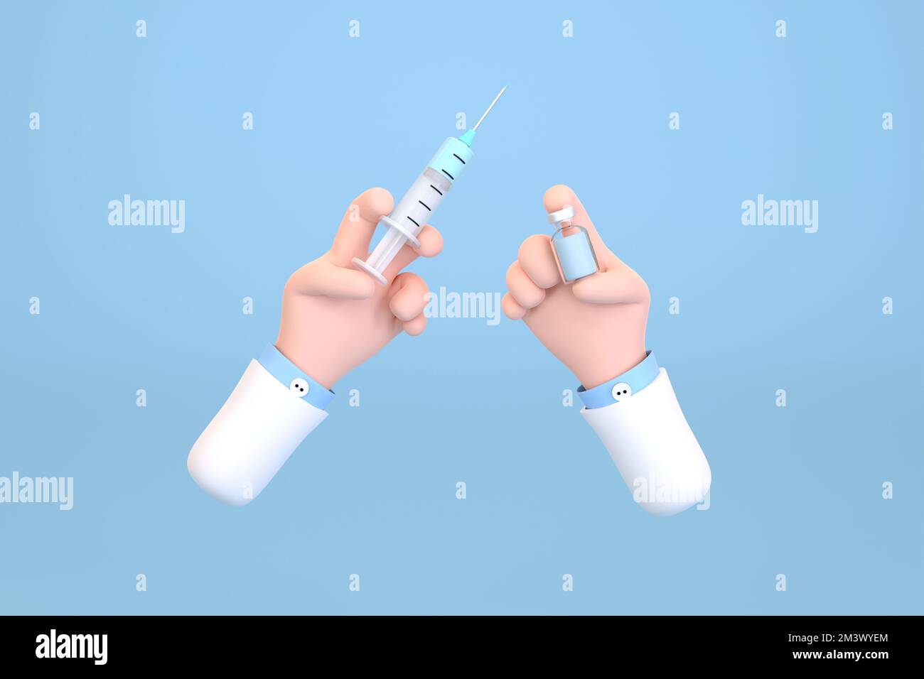 3D. Cartoon doctor holding vaccine and syringe. medical care concept ...