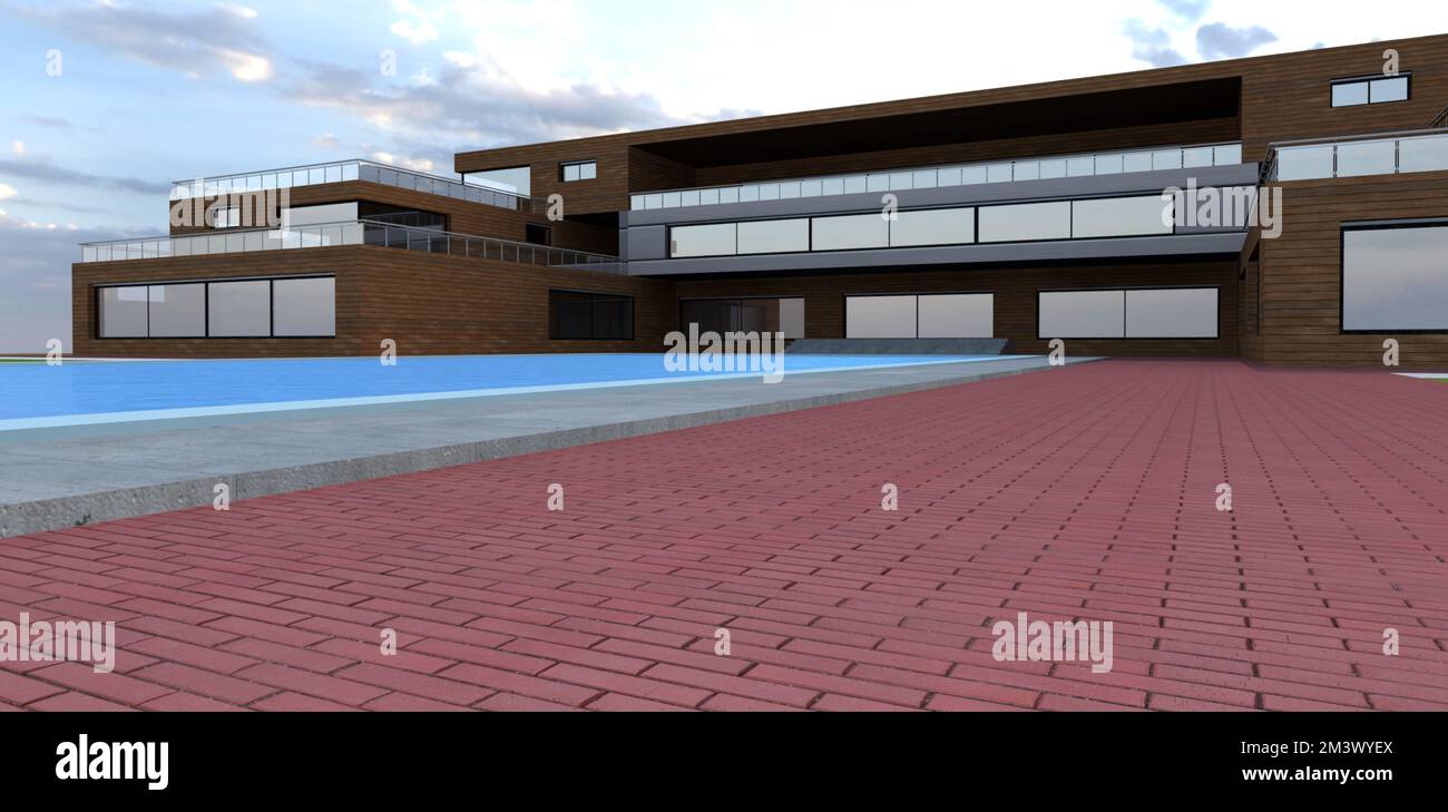 A popular red brick as paving stone on a luxury private estate with a ...