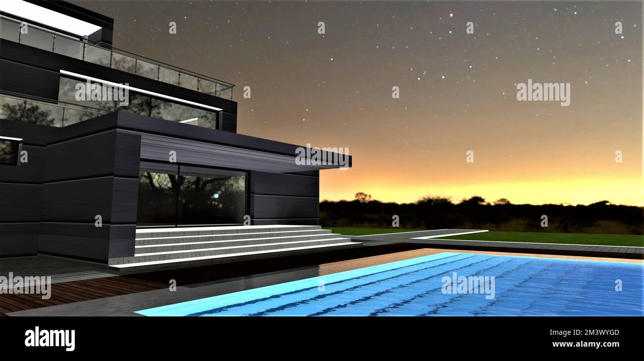 Amazing starry night above the stunning estate with pool. The stylish ...