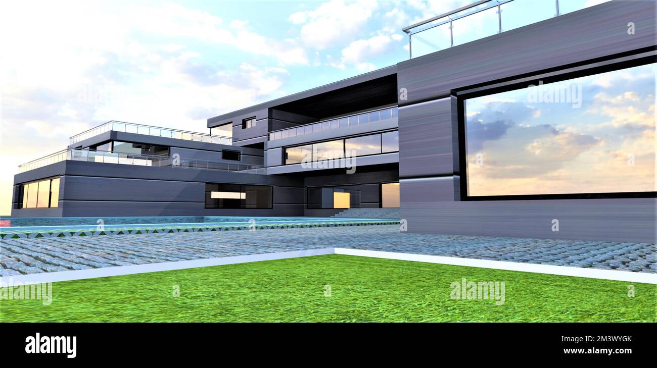 Horizontal metal panels as wall cladding for a futuristic private ...