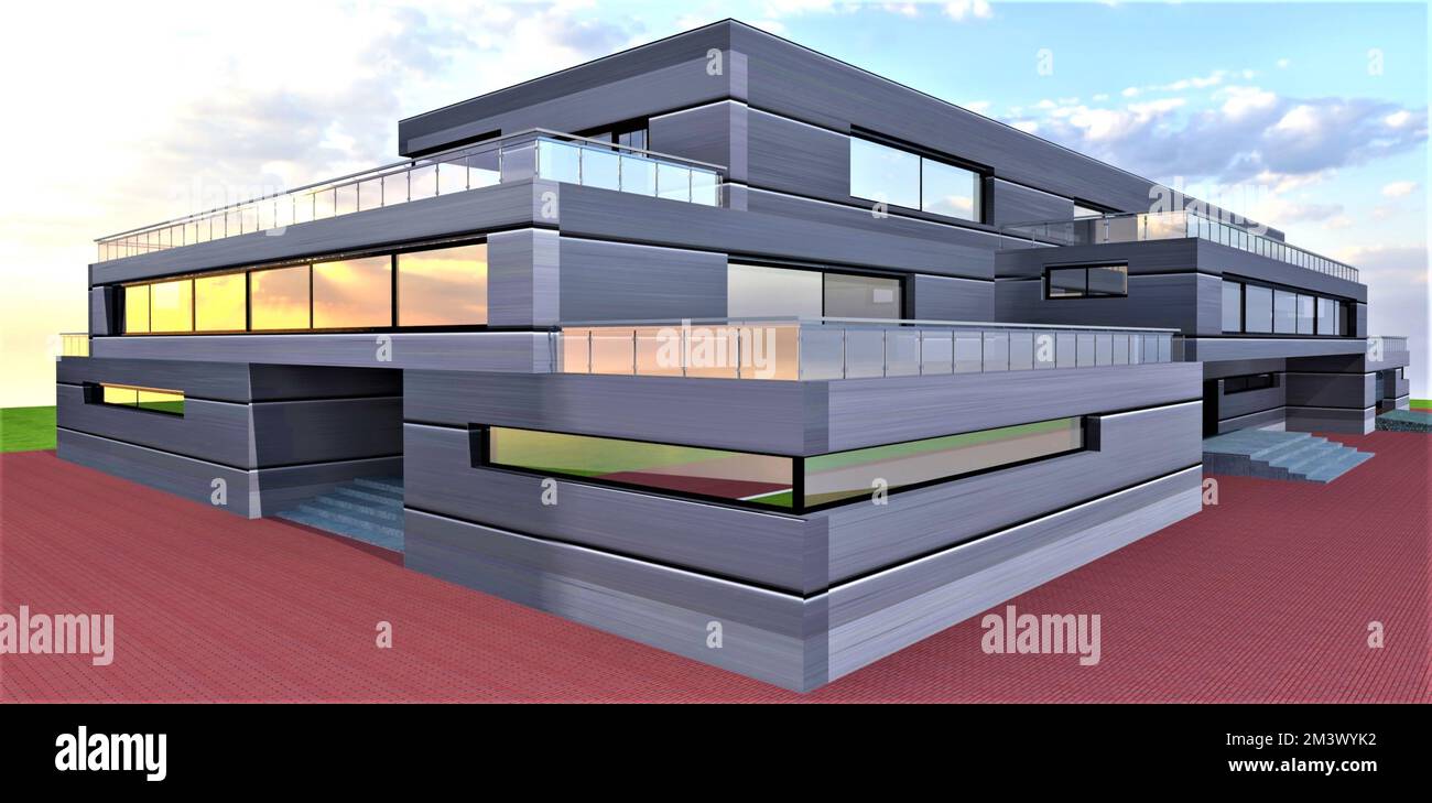 Red paving stones around a private tech house finished with aluminum ...