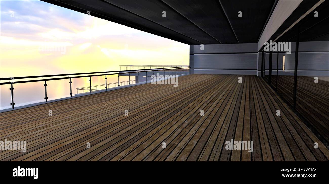 Spacious terrace with wooden flooring, glass railing and large sliding ...