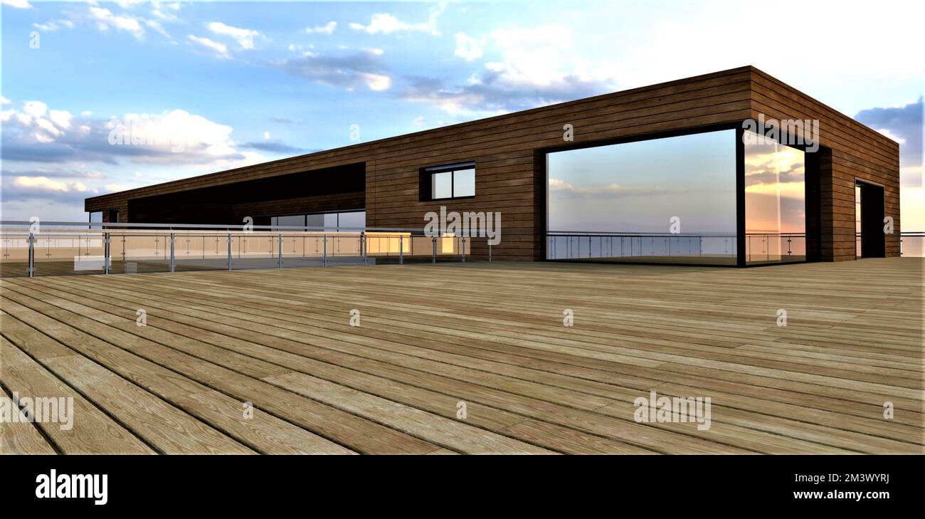 Enclosed terrace on the roof of a luxurious estate. Sturdy glass ...