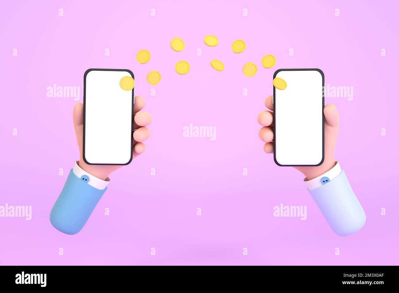 3D. Online money tranfer concept: There are two mobile phone with ...