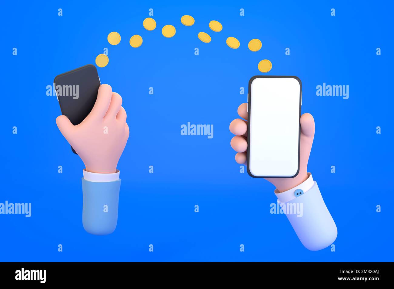 3D. Online money tranfer concept: There are two mobile phone with ...