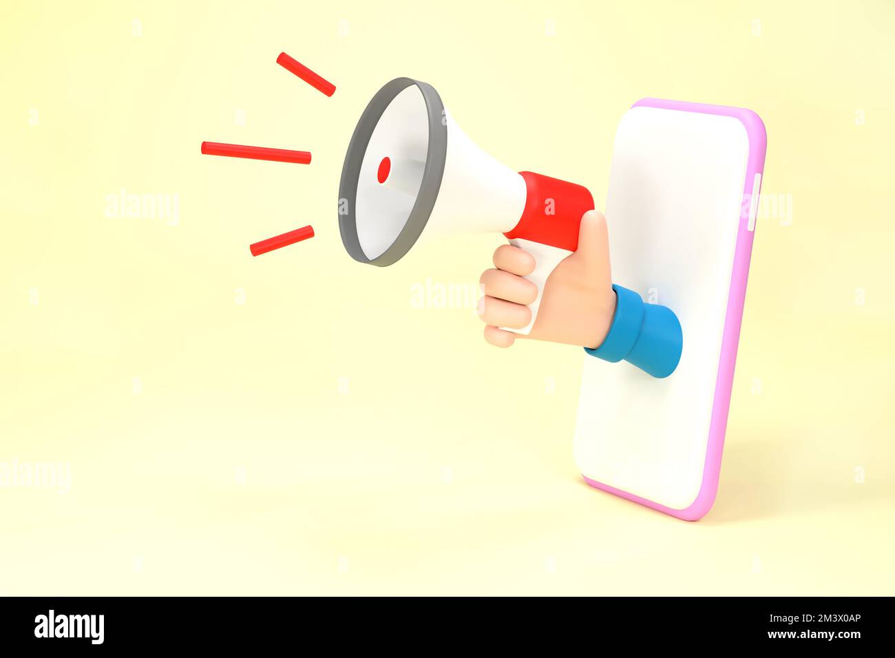 3D. Hand holding megaphone coming out from mobile phone. Digital ...