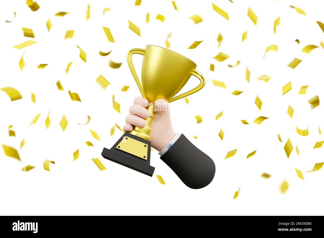 3D. Cartoon businessman character hand holding victory prize cup trophy ...