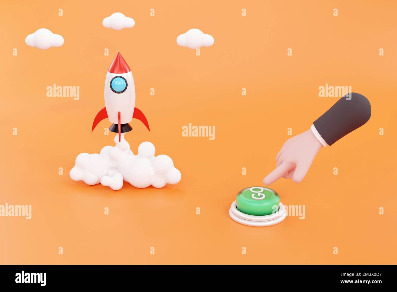 3D. Cartoon hand presses the button and launches a rocket or spacecraft ...