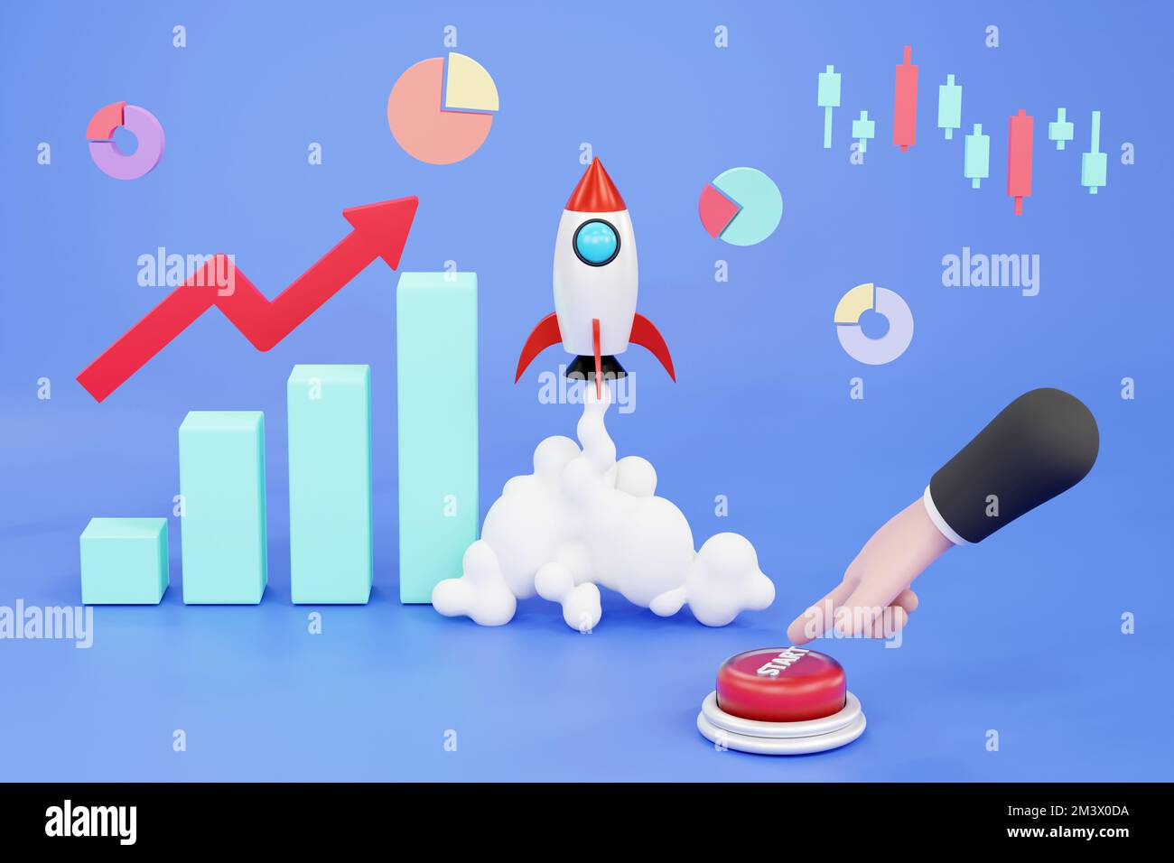 3D. Cartoon hand presses the button and launches a rocket or spacecraft ...