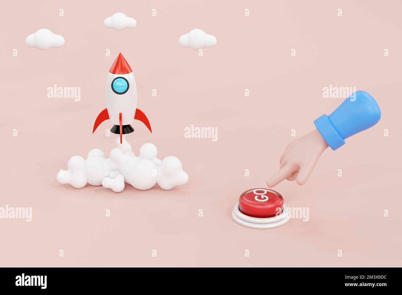 3D. Cartoon hand presses the button and launches a rocket or spacecraft ...