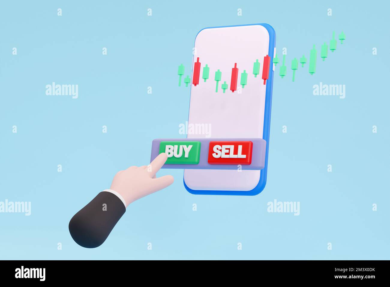 3D. Stock market business scene. Pushing green buy button on smartphone ...