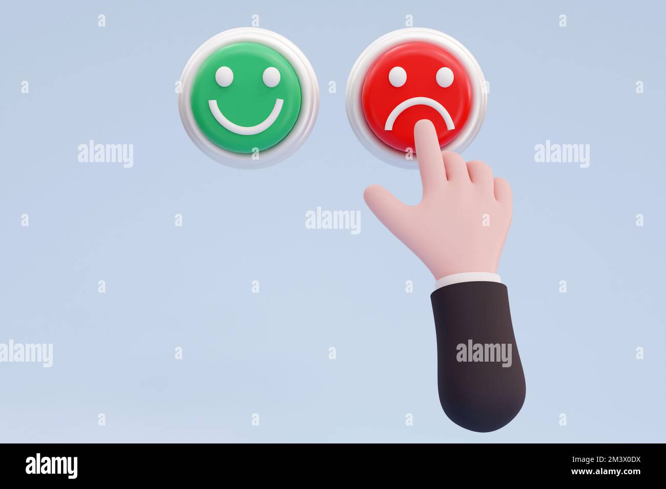 3D. Cartoon character hand chooses between two buttons. Business or ...