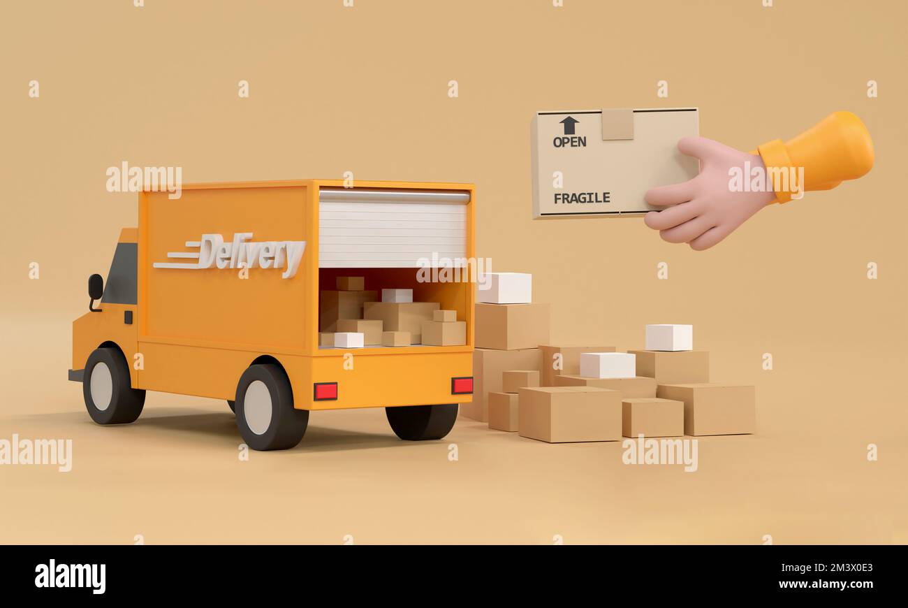 3D. Cartoon hand accepting a delivery of boxes from deliveryman Stock ...