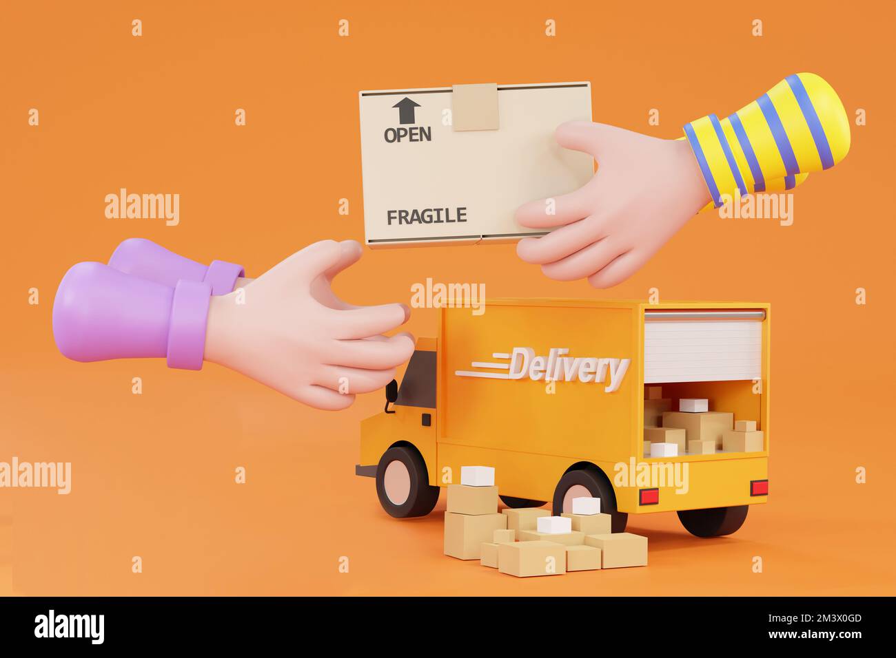 3D. Cartoon hand accepting a delivery of boxes from deliveryman Stock ...