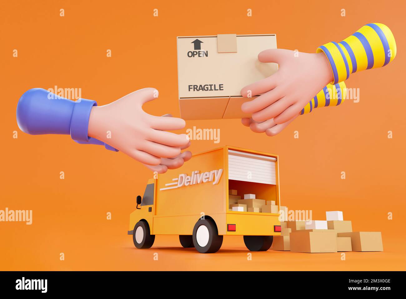 3D. Cartoon hand accepting a delivery of boxes from deliveryman Stock ...