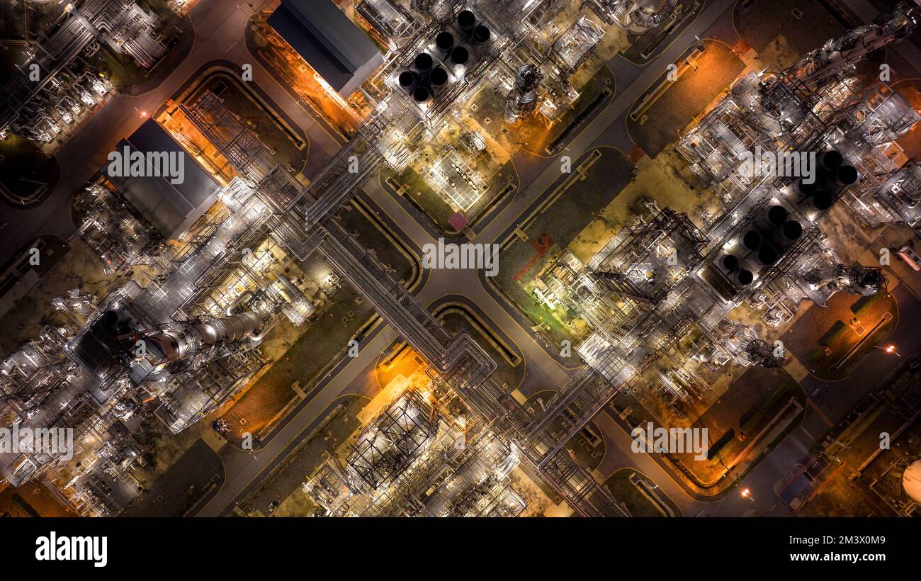 Aerial view of Oil refinery at night. Oil Industry Stock Photo - Alamy