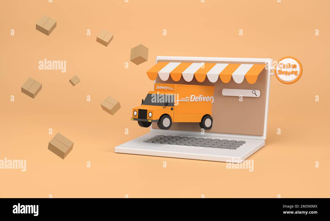 3D. E-commerce concept, Shopping online and delivery service on ...