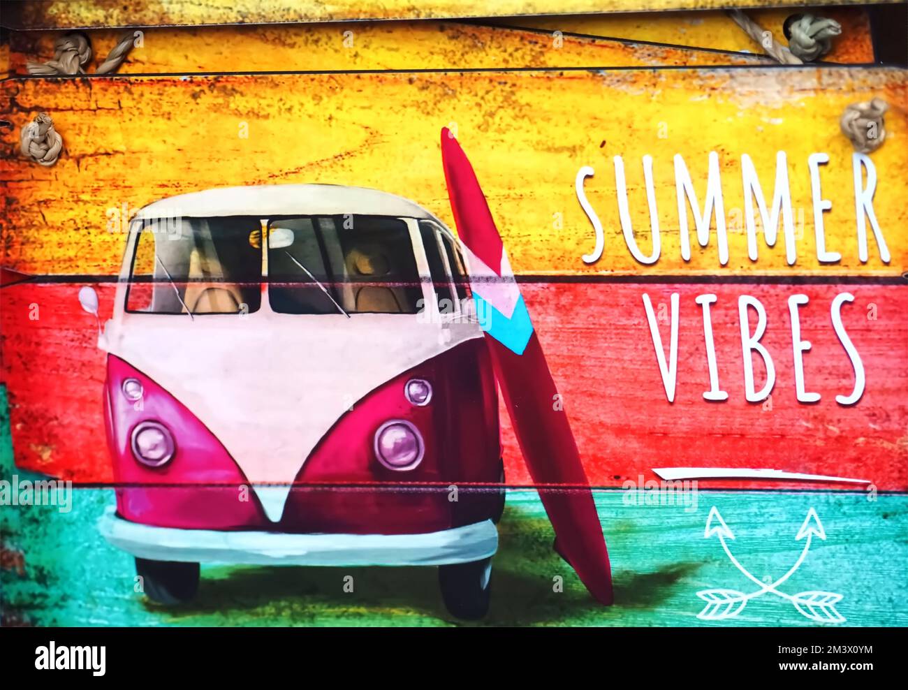 Colorful wooden sign summer vibes with a van car Stock Photo - Alamy