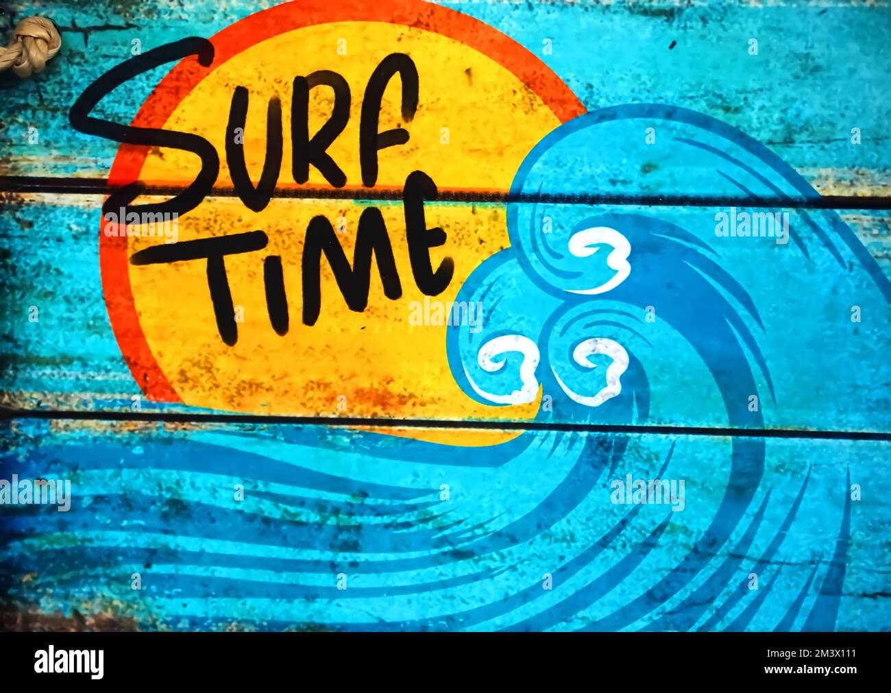Colorful wooden sign surf time with a wave Stock Photo - Alamy