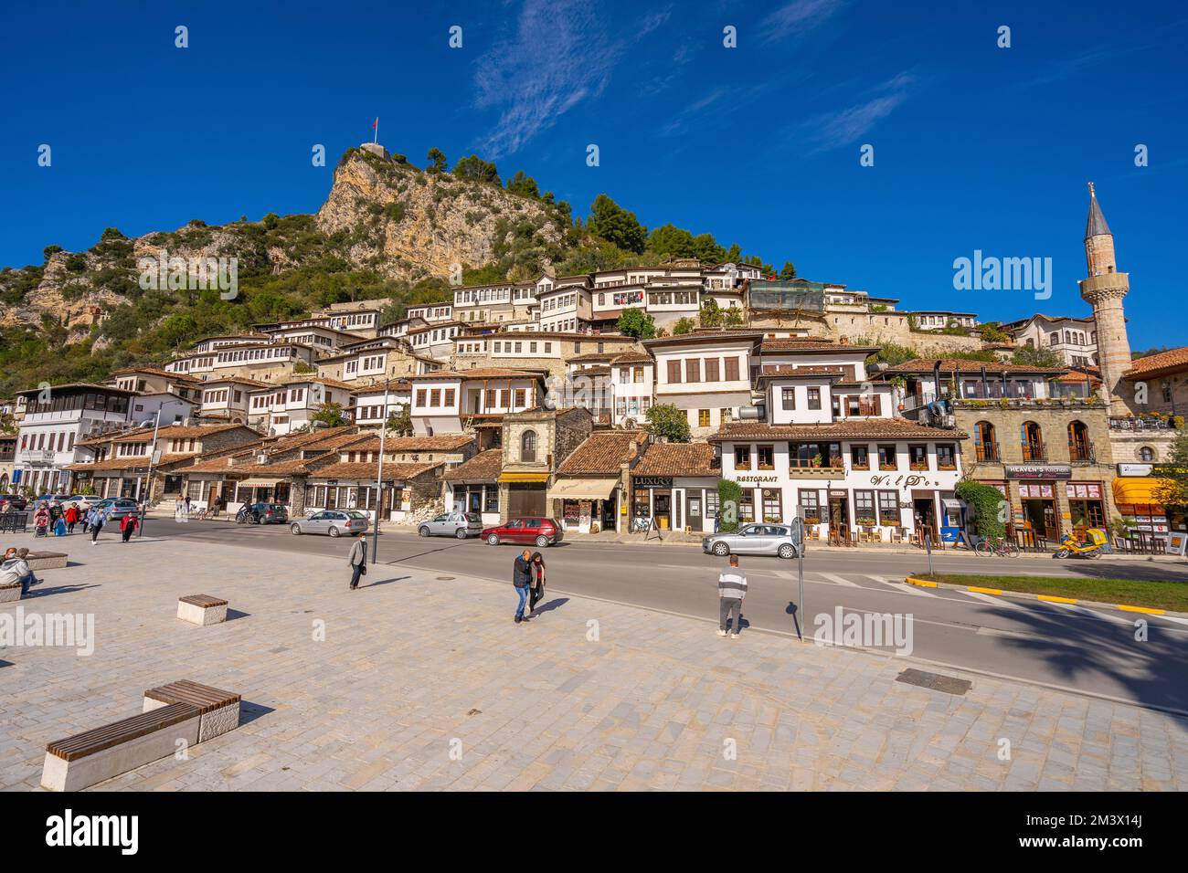 BERAT, ALBANIA, SEPTEMBER 29, 2022: Berat castle viewed from boulevard ...