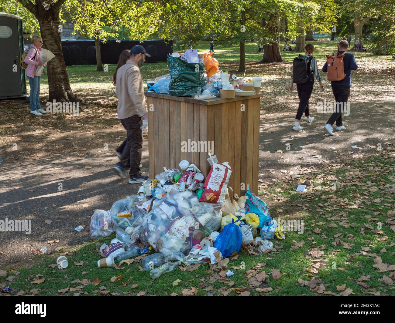 Overflowing public rubbish bins in St James Park, London, UK Stock ...