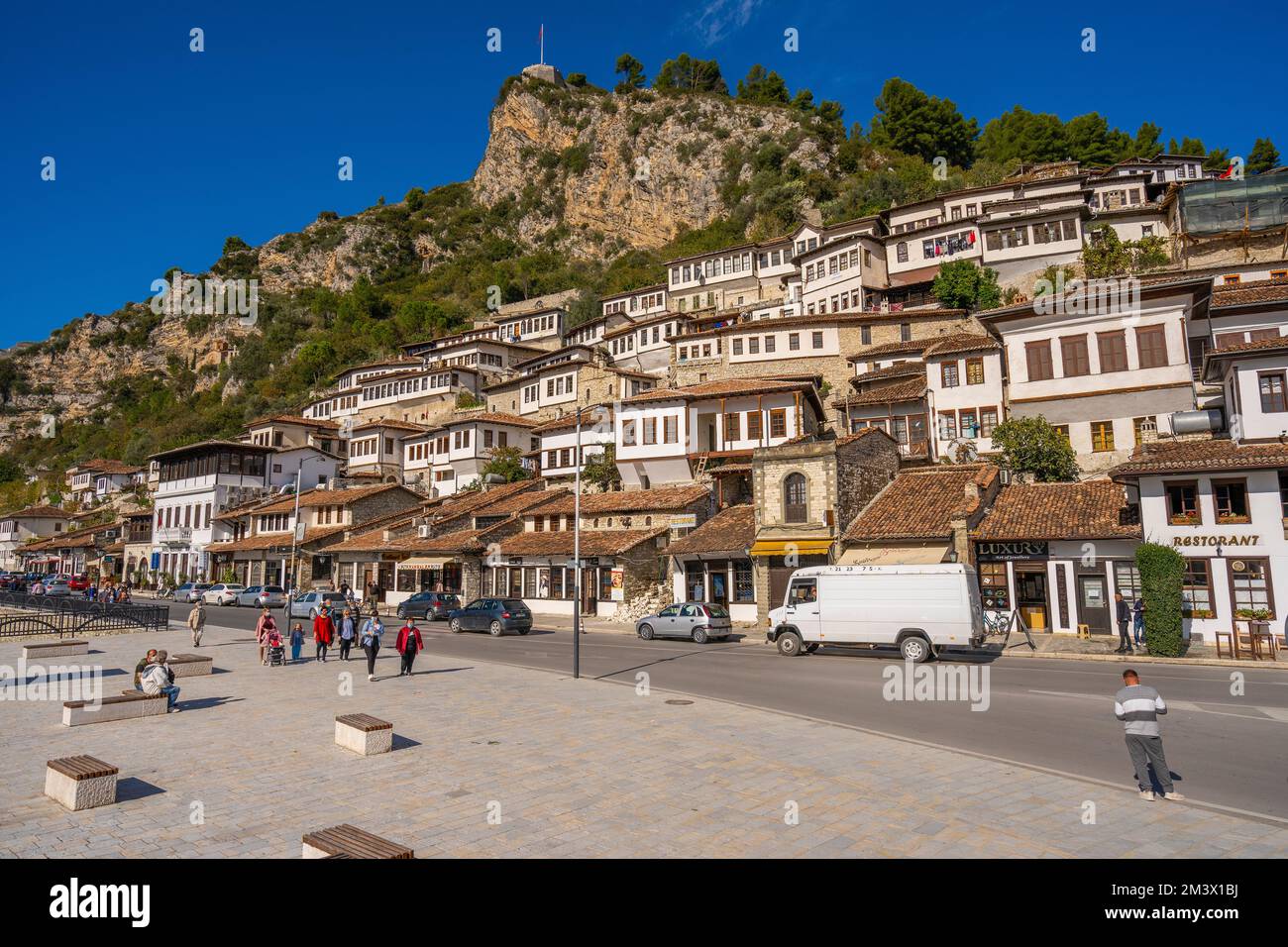 BERAT, ALBANIA, SEPTEMBER 29, 2022: Berat castle viewed from boulevard ...