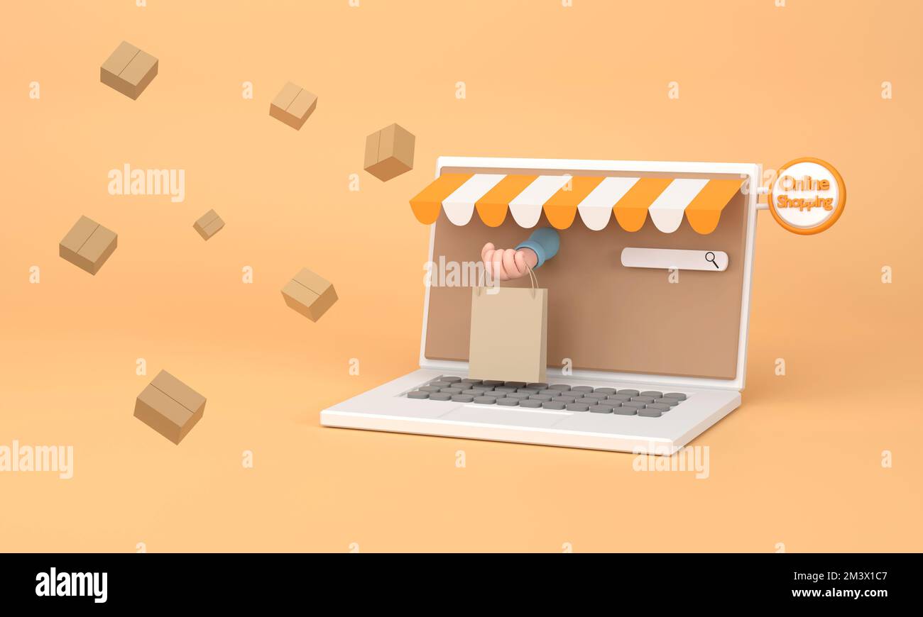 3D Cartoon e-commerce or online shopping concept with hands reaching ...