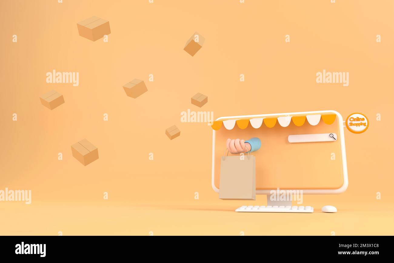 3D Cartoon e-commerce or online shopping concept with hands reaching ...
