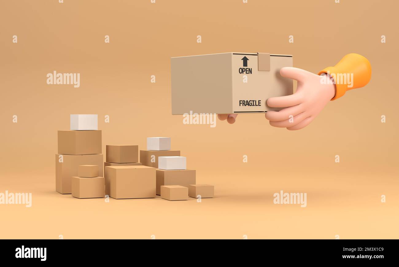 Cartoon hands holding parcel isolated over orange and box background ...