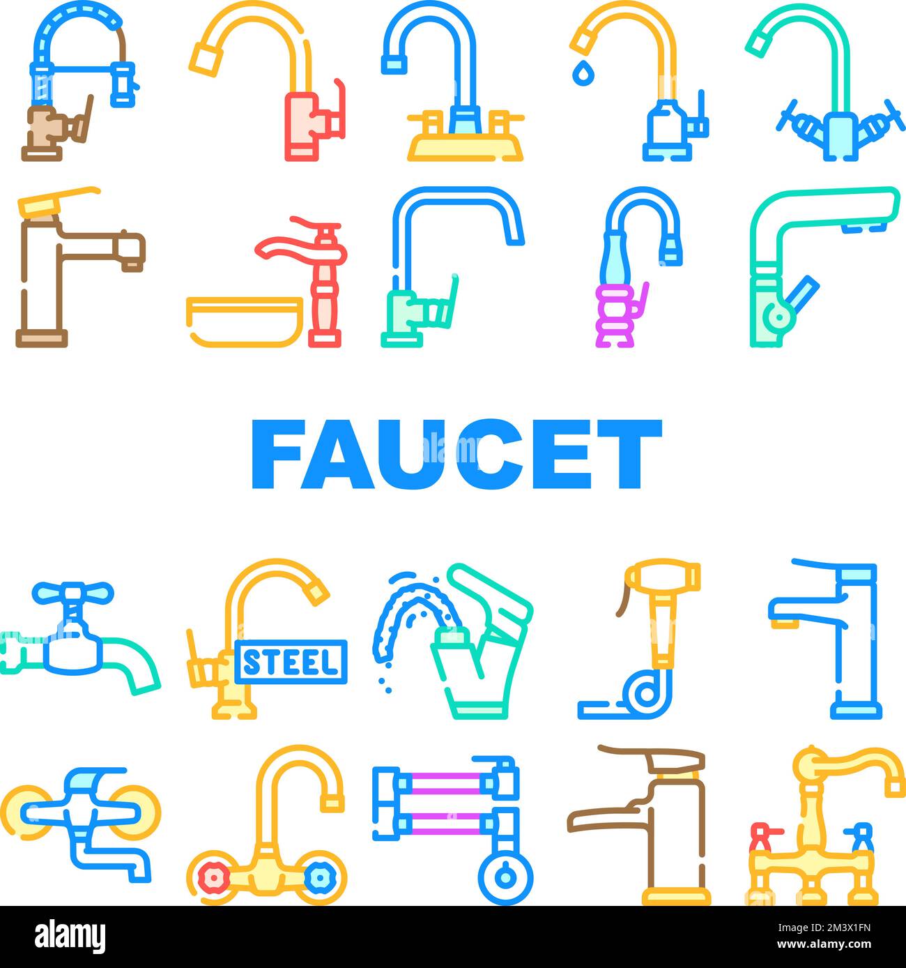 faucet water sink tap bathroom icons set vector Stock Vector Image ...