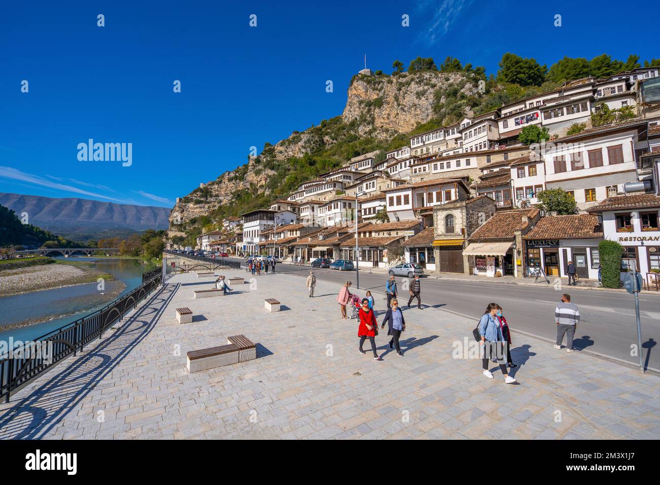 BERAT, ALBANIA, SEPTEMBER 29, 2022: Berat castle viewed from boulevard ...