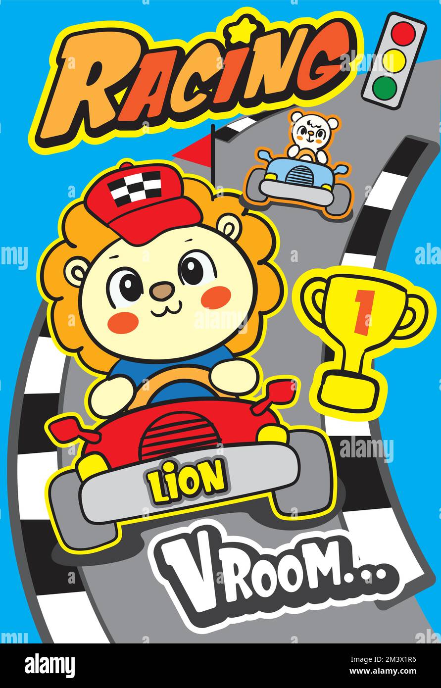 Cute animal racing car cartoon for kids t shirt design Stock Vector ...