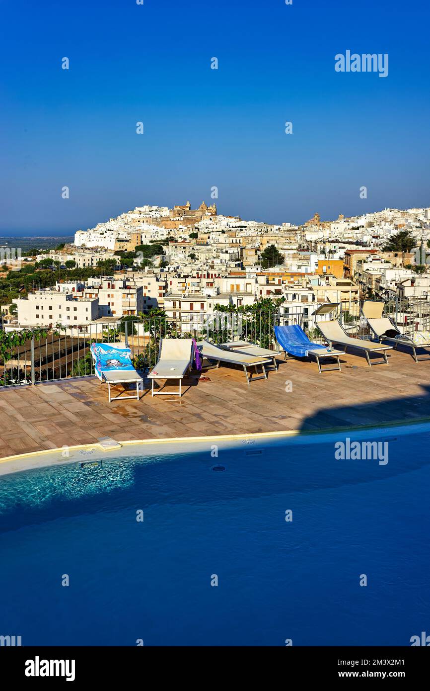 Apulia Puglia Italy. Ostuni. Elevated view of the town from the a ...