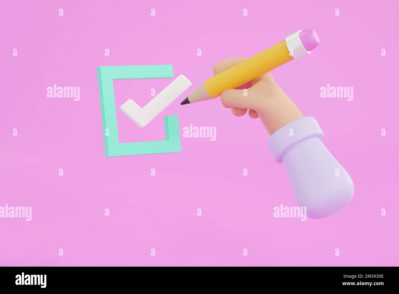 3D. Cartoon hand Checklist concept, checking mark on the check boxes ...